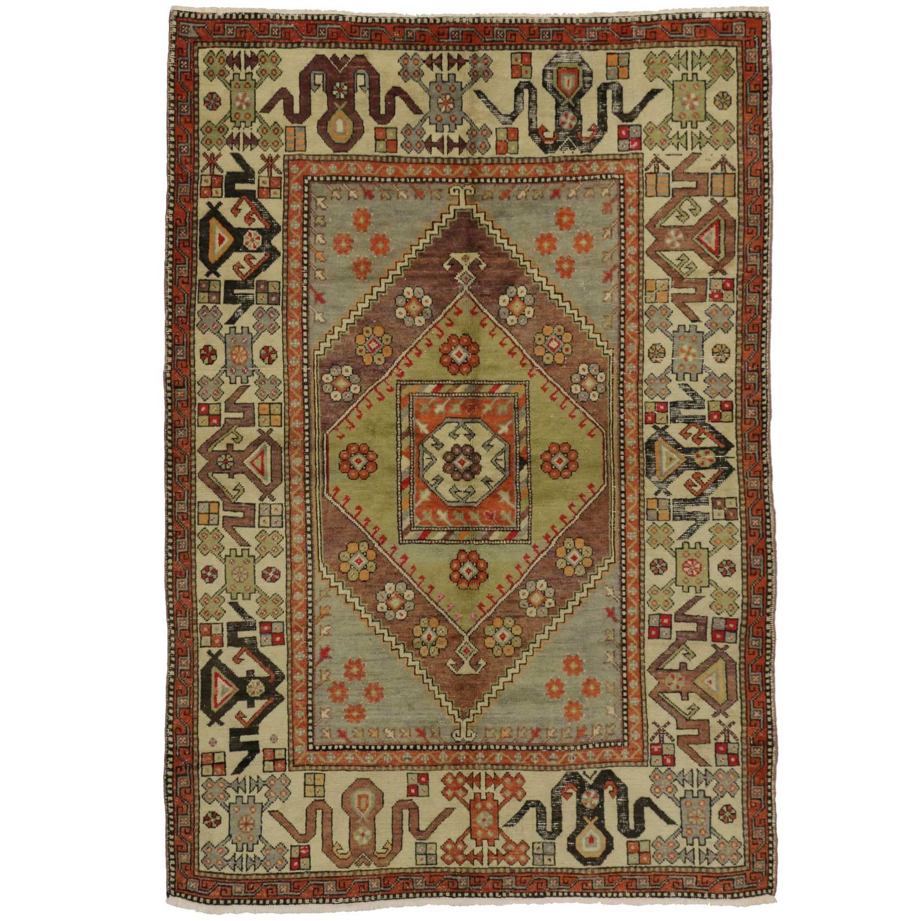 Rustic Farmhouse Style Turkish Oushak Area Rug with Large Geometric ...