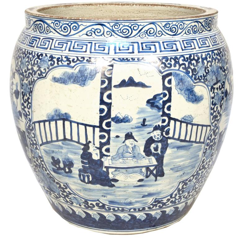 Chinese Blue and White Fish Bowl with Scholars in a Garden at 1stDibs