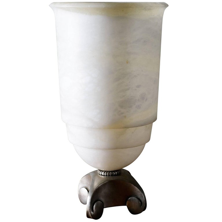 Ruhlman Style Alabaster Hurricane Lamp with Silvered Bronze Base at 1stDibs