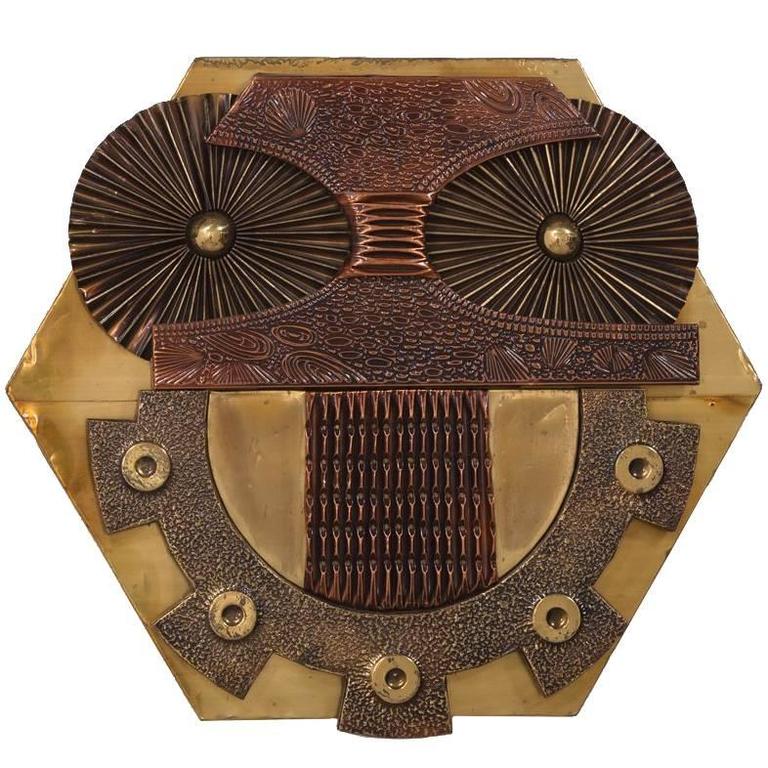 Copper and Brass Sheet Owl Sculptural Wall Panel, 1970s For Sale at 1stDibs