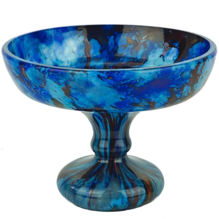 Large French Art Deco Charles Schneider Glass Blue Bowl For Sale at 1stDibs