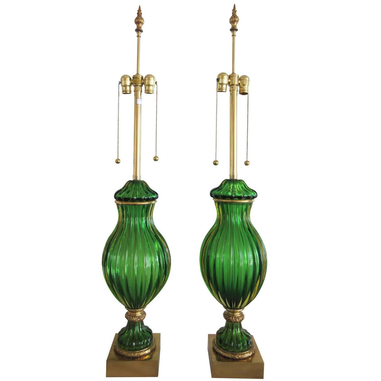 Large Pair of Vintage Green Murano Glass Marbro Lamps For Sale at 1stDibs