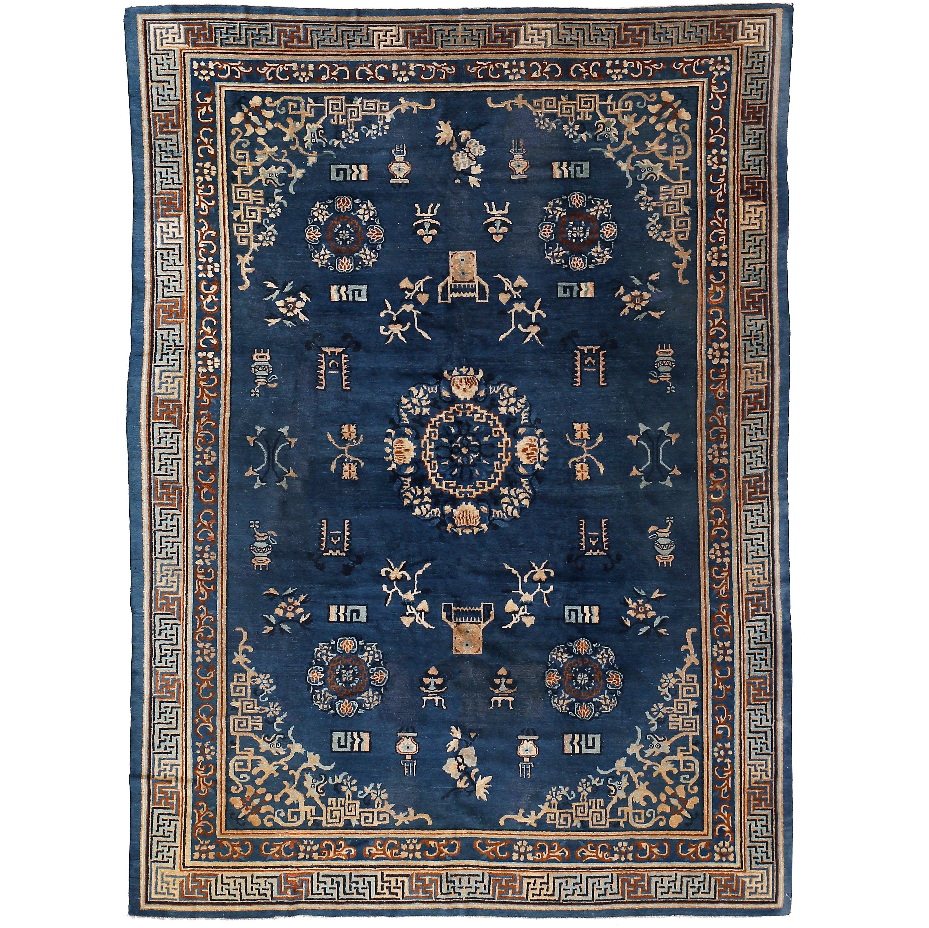 Antique Fine Indigo Blue Chinese Geometric Design Rug For Sale at 1stDibs