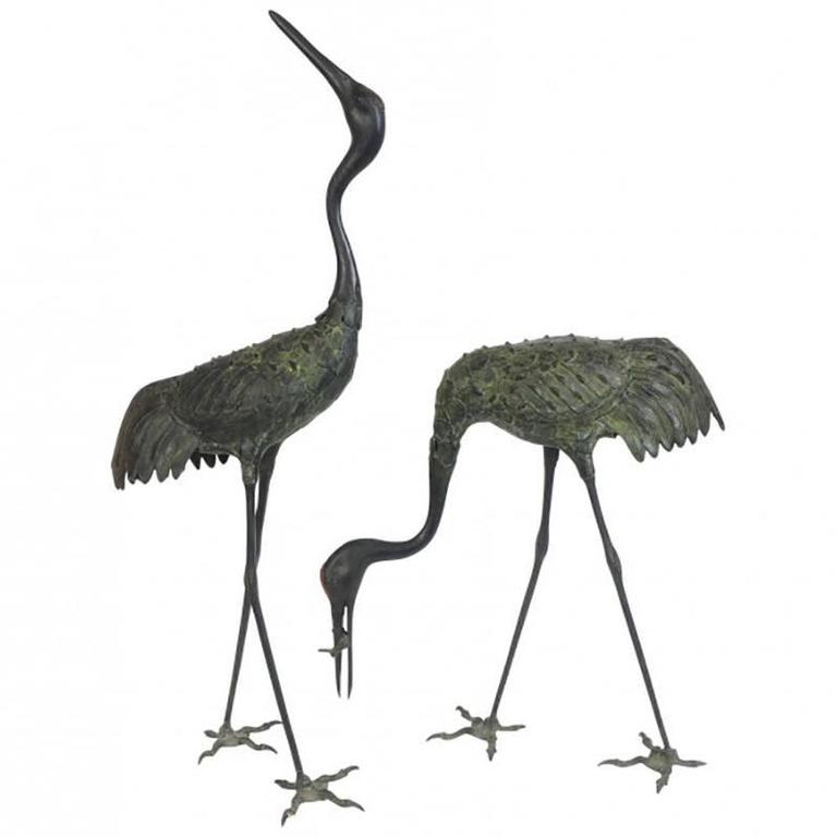 Pair of Large Verdigris Bronze Heron Sculptures, One with Fish at 1stDibs