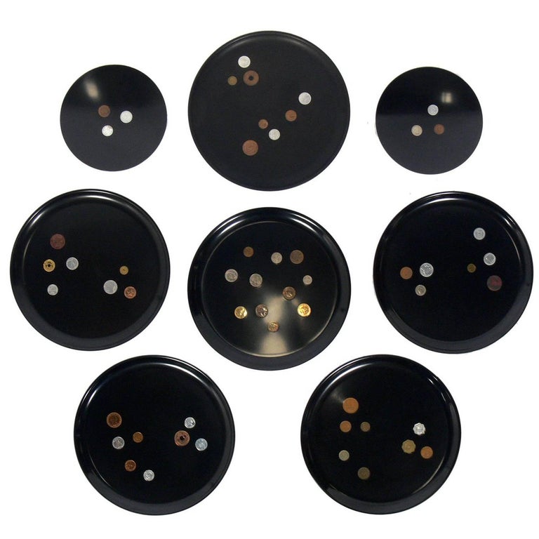 Group of Coin Inlaid Trays by Couroc Great Wall Sculpture at 1stDibs