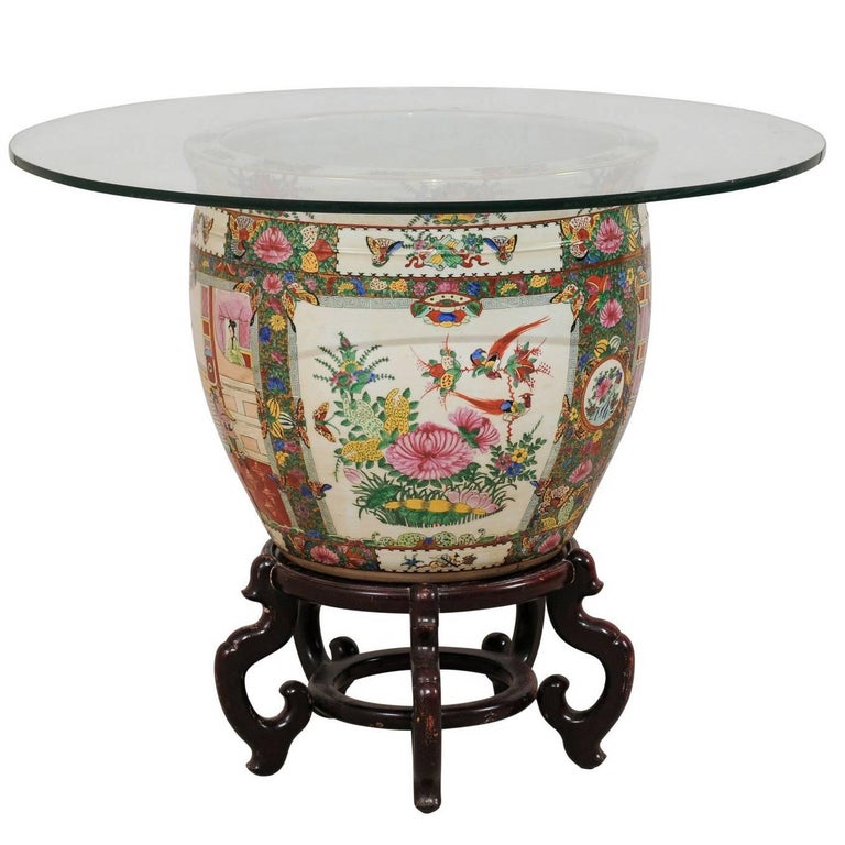 Chinese Famille Rose Ornately Decorated Porcelain, Glass and Wood Round ...