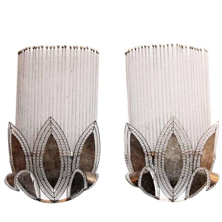 1990s Pair of Large Scale Crystal Beaded Art Deco Style Wall Sconces ...