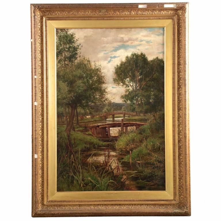 Landscape Painting of Bridges over Stream by Clarence Edward Roe, 19th ...