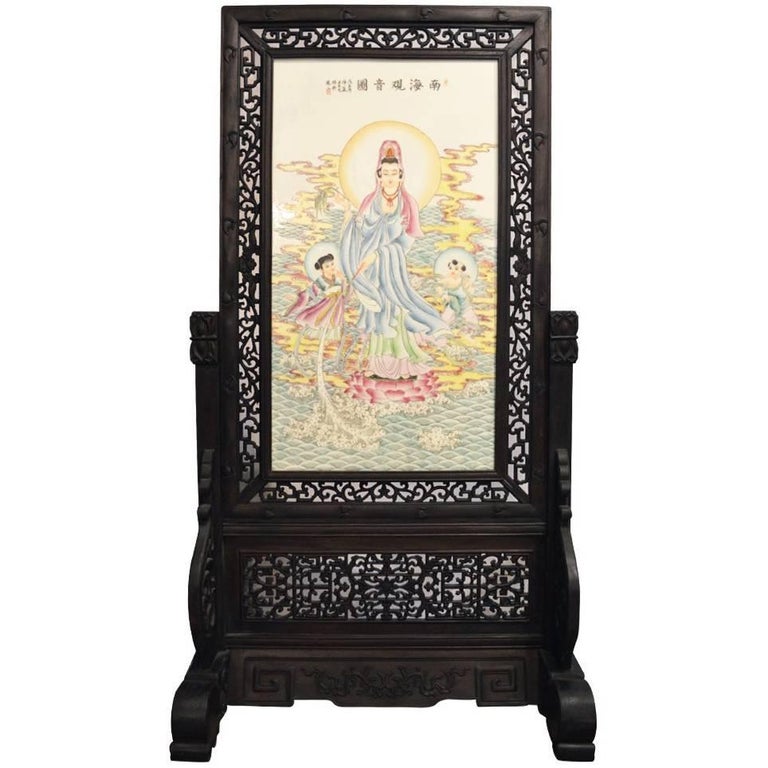 Large Chinese Table Screen with Hand-Painted Quan Yin and Hand-Carved ...