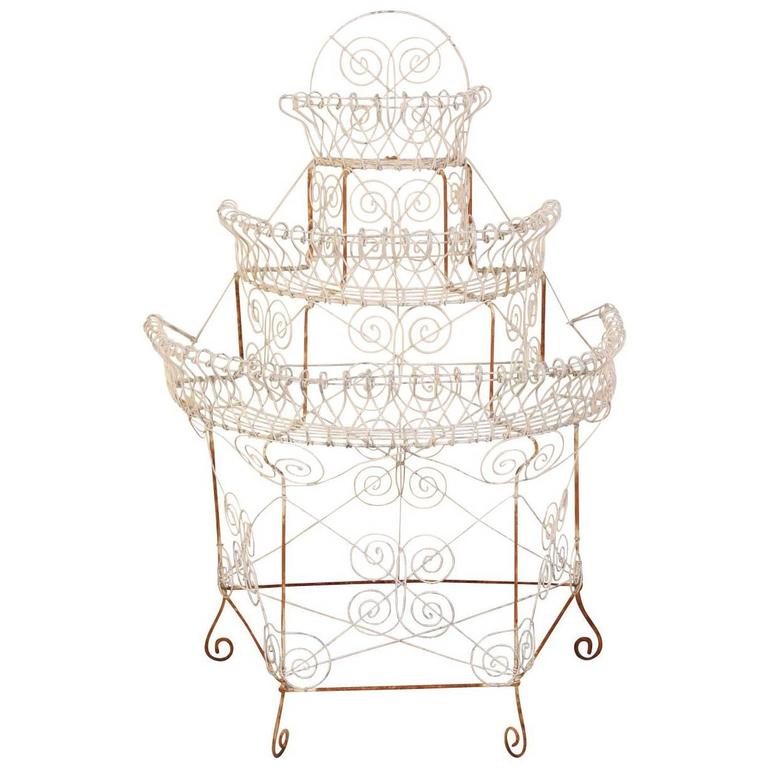 Antique Three-Tier White Painted Wire Plant Stand at 1stDibs