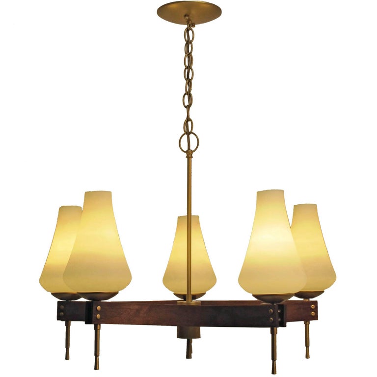 Mid Century Walnut and Brass Five Light Fixture at 1stDibs