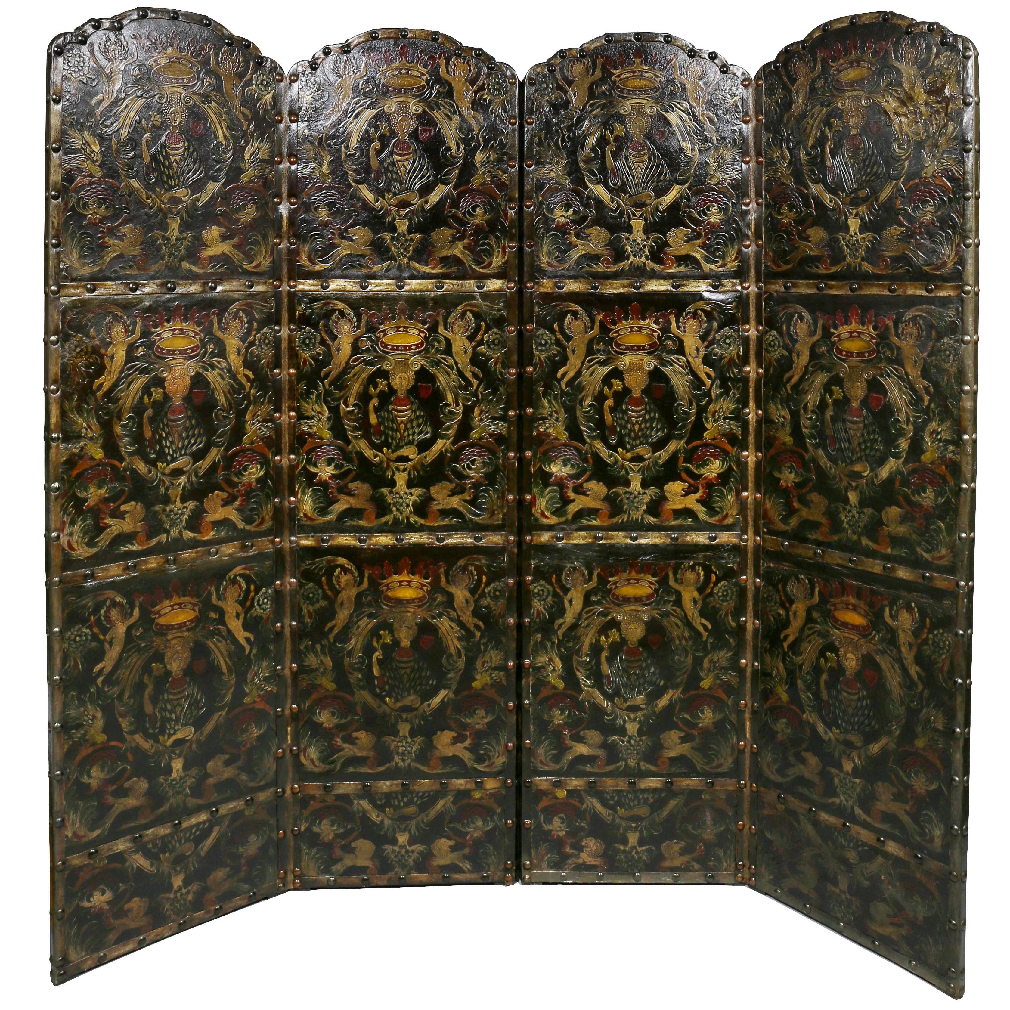 Victorian Walnut 4-Fold Screen with Brown Embossed Leather Panels For ...