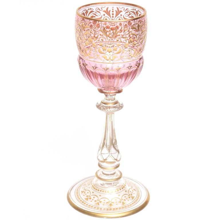 8 Elaborate Gilt and Ruby Pink Wine Goblets with Beautiful Stem at 1stDibs