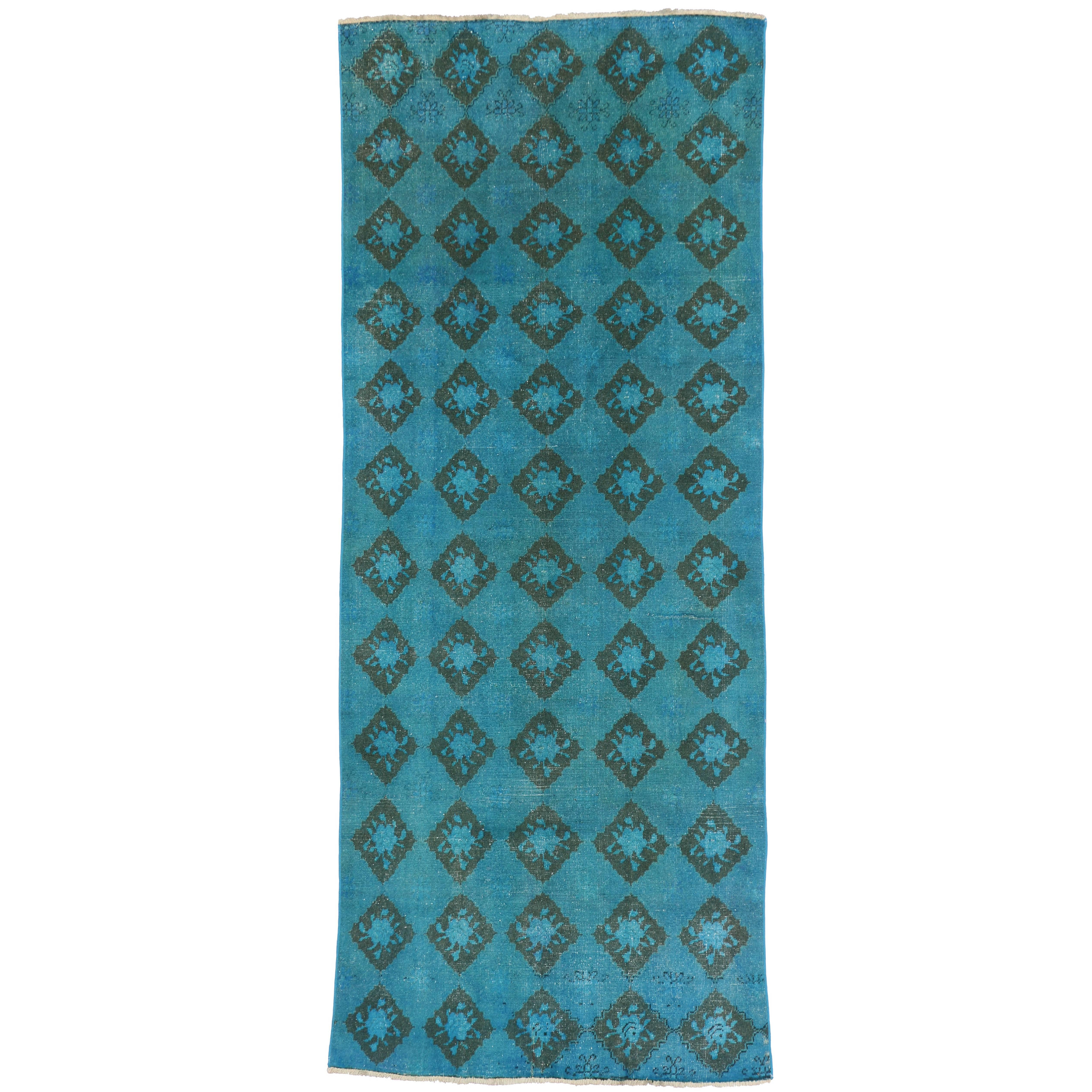 Turkish Sivas Overdyed Teal Blue Turquoise Carpet Runner at 1stDibs