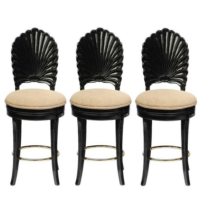 Set of Three Italian Carved Shell Back Bar Stools For Sale at 1stDibs