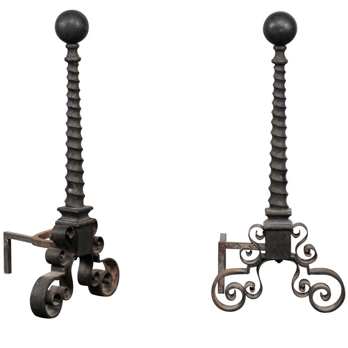 Pair of American Iron Andirons with Patina Finish and Cooking Arms ...