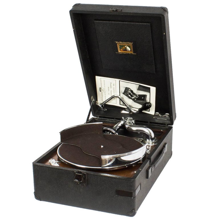 Antique Portable HMV Gramophone Mod 102 and Disc Carrier, 1935 at 1stDibs