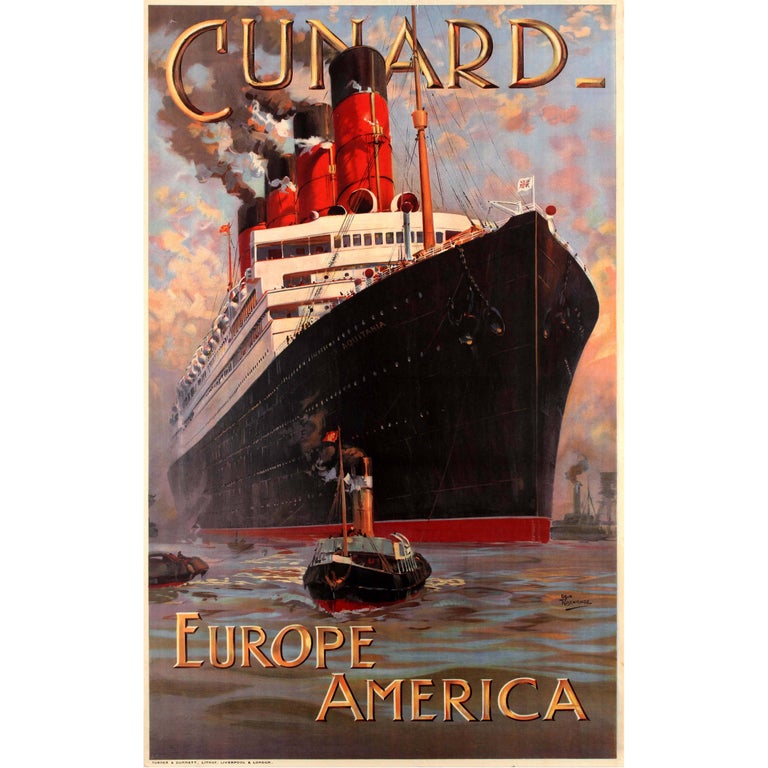 Original Antique Cunard Europe America Cruise Poster Featuring RMS ...