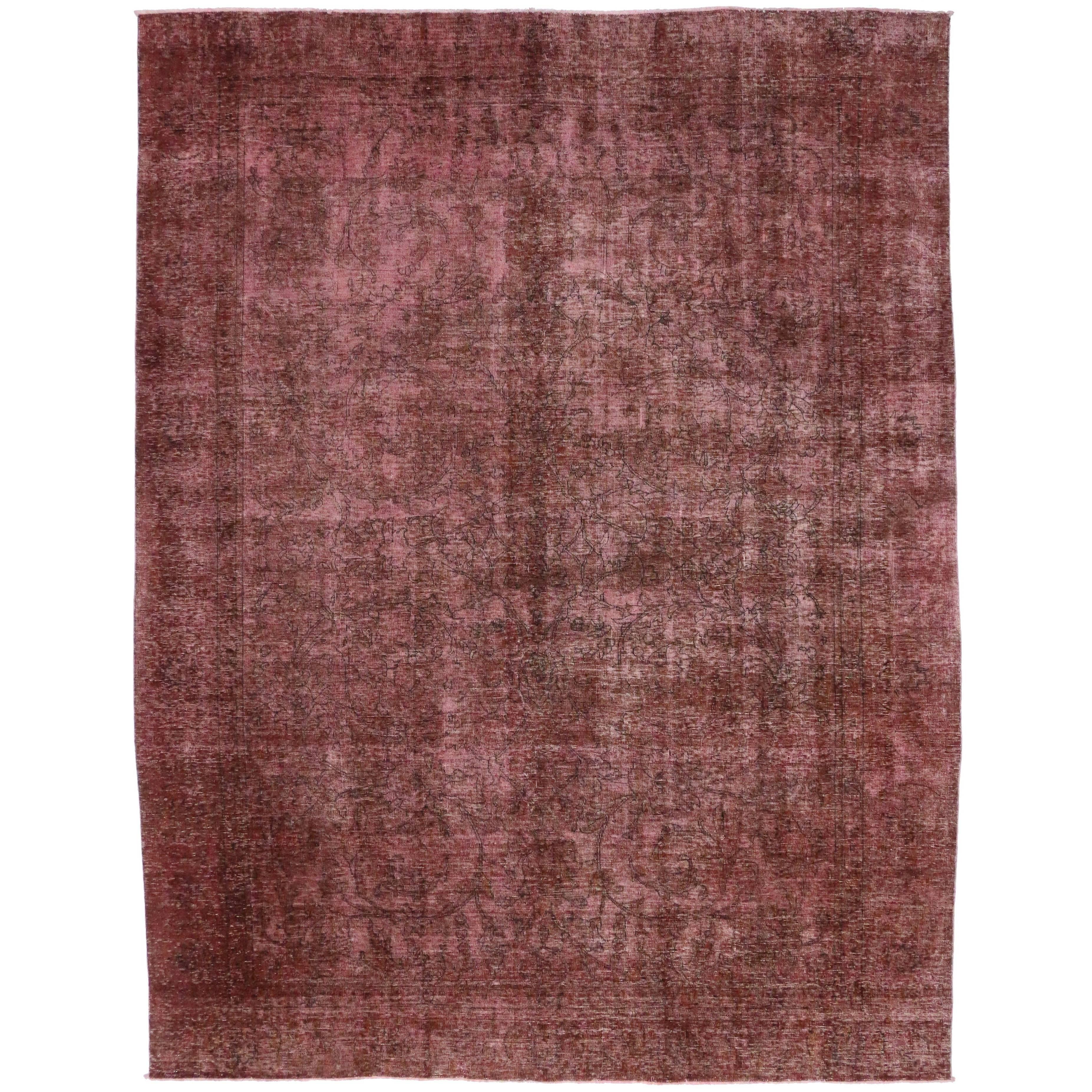 Distressed Vintage Persian Overdyed Dark Red Rug with Modern Industrial ...