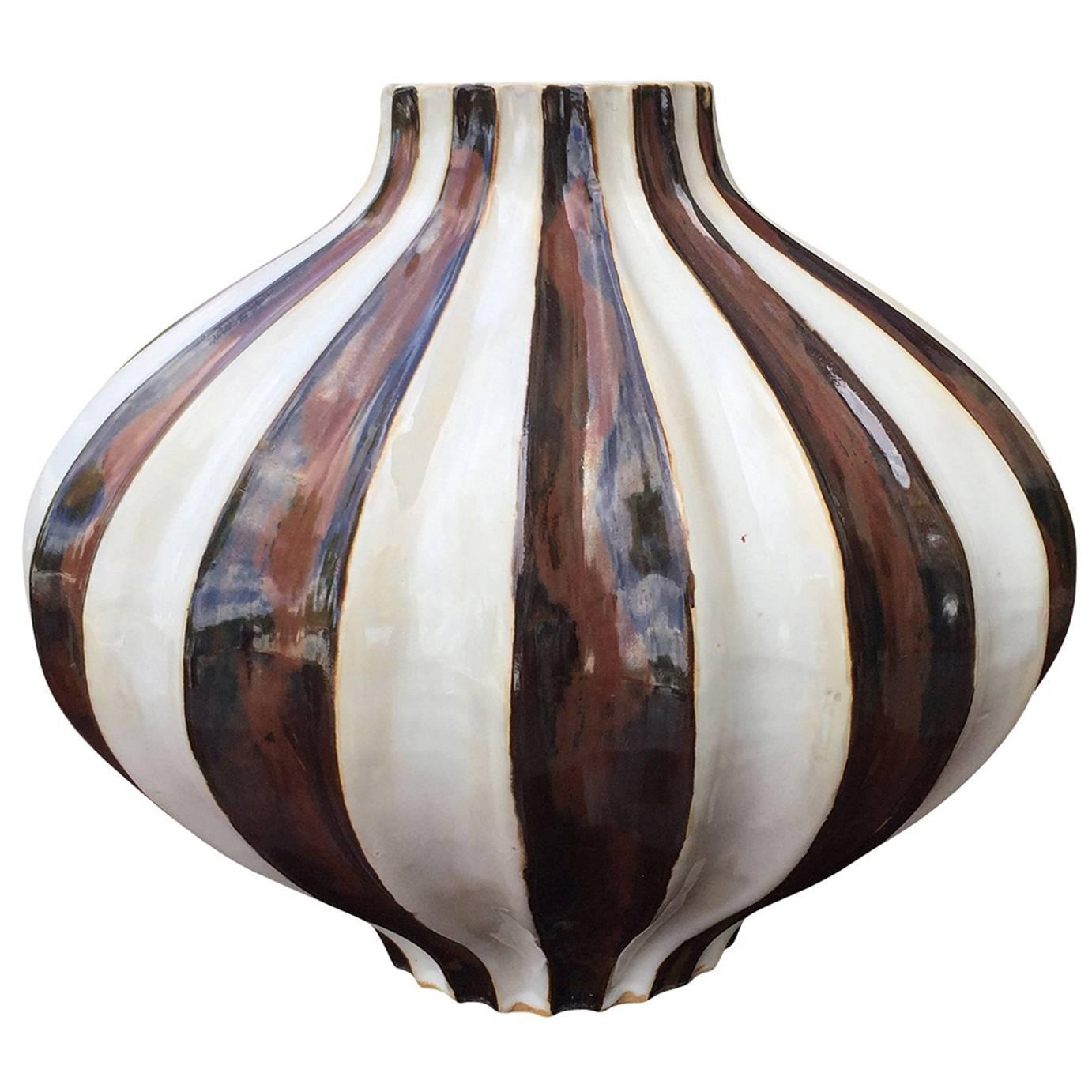 Mid-Century Brown and White Stripe Pottery Vase at 1stDibs