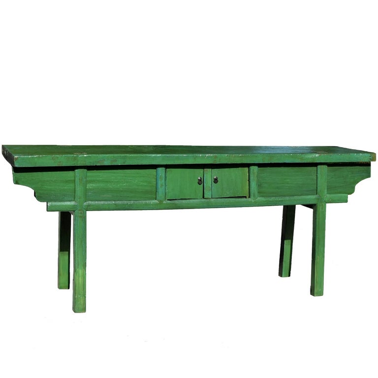 Green Rustic Antique Farm Table, Single Board, Sliding Doors at 1stDibs
