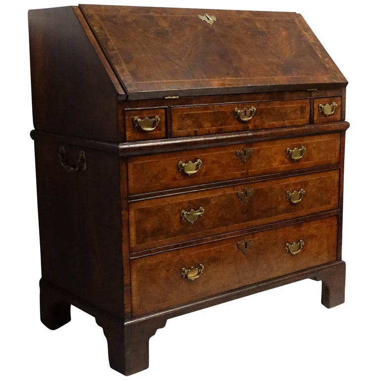 George I Walnut and Burl Walnut Slant Front Desk, England, 1700 at 1stDibs