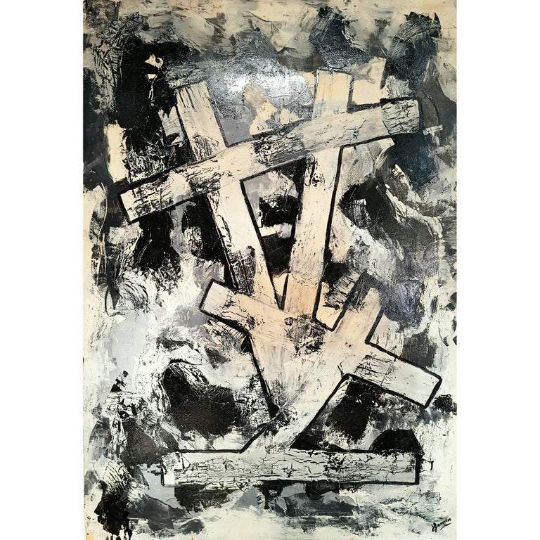 Large Brutalist Abstract Painting on Wood, Signed, France 1990s For ...
