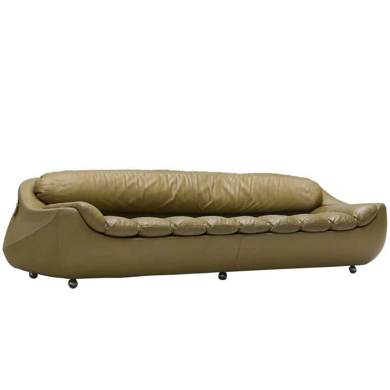 Italian Olive Green Leather Sofa For Sale at 1stDibs