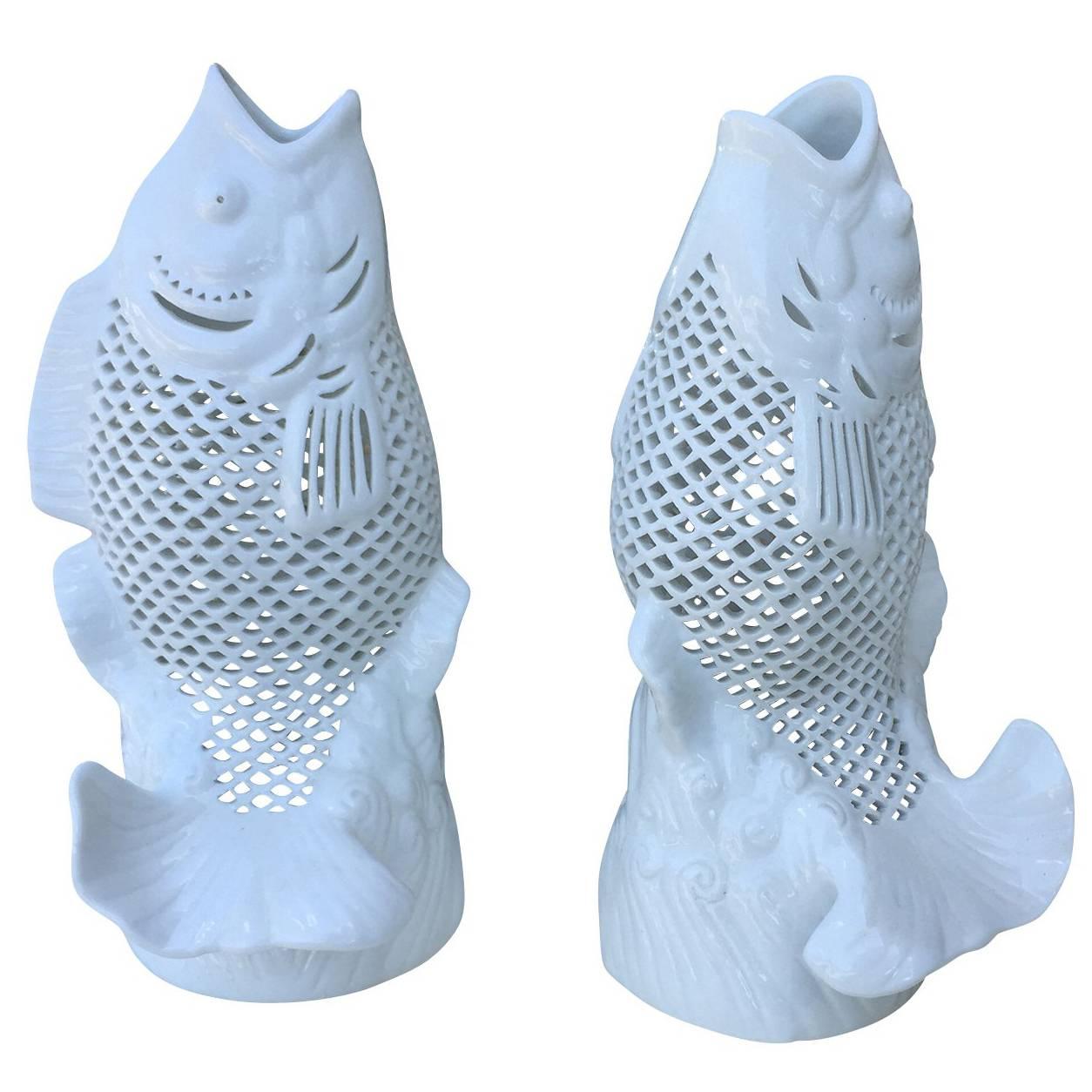 Pair of Midcentury Chinese Reticulated Porcelain Fish at 1stDibs