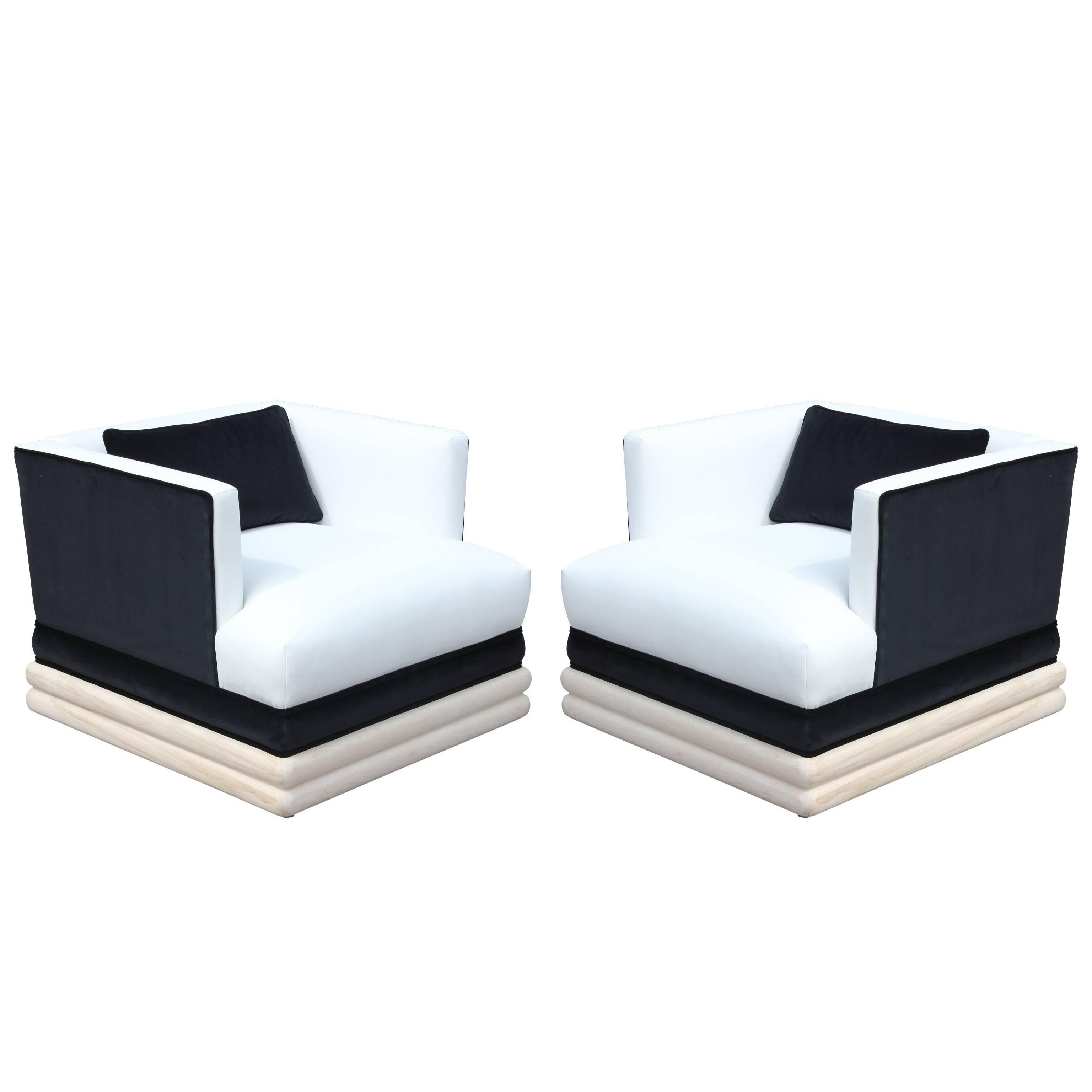 Pair of Modern Square Lounge Chairs with Bleached Wood Black and White ...