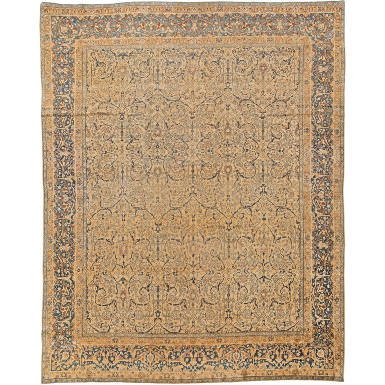 Antique Persian Tabriz Carpet, Handmade Oriental Rug, Beige, Light Blue ...