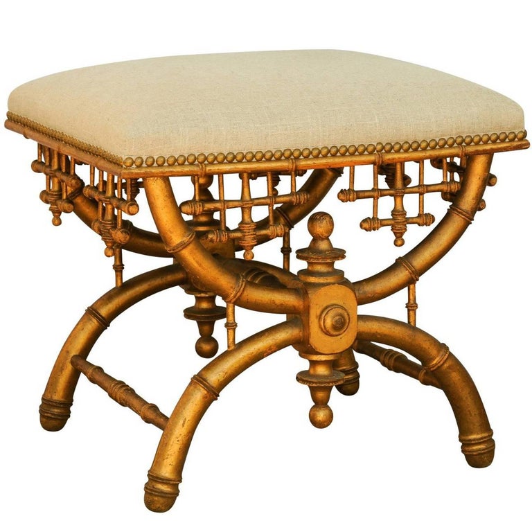 Brighton Pavilion Style Chinoiserie Stool with Gilt Faux-Bamboo X-Frame ...
