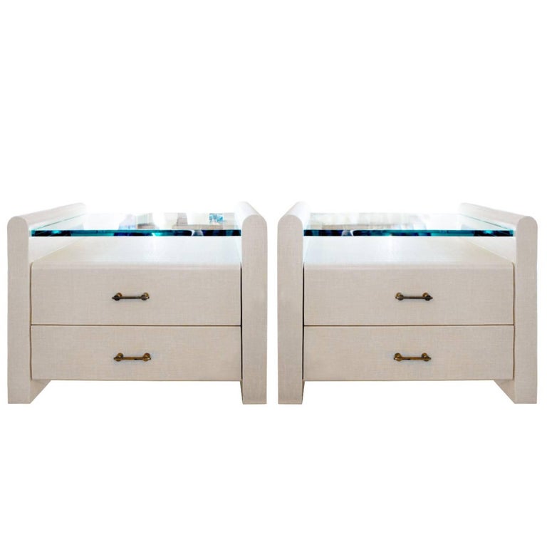 Pair of Custom Bedside Tables in Lacquered Linen, 1970s at 1stDibs