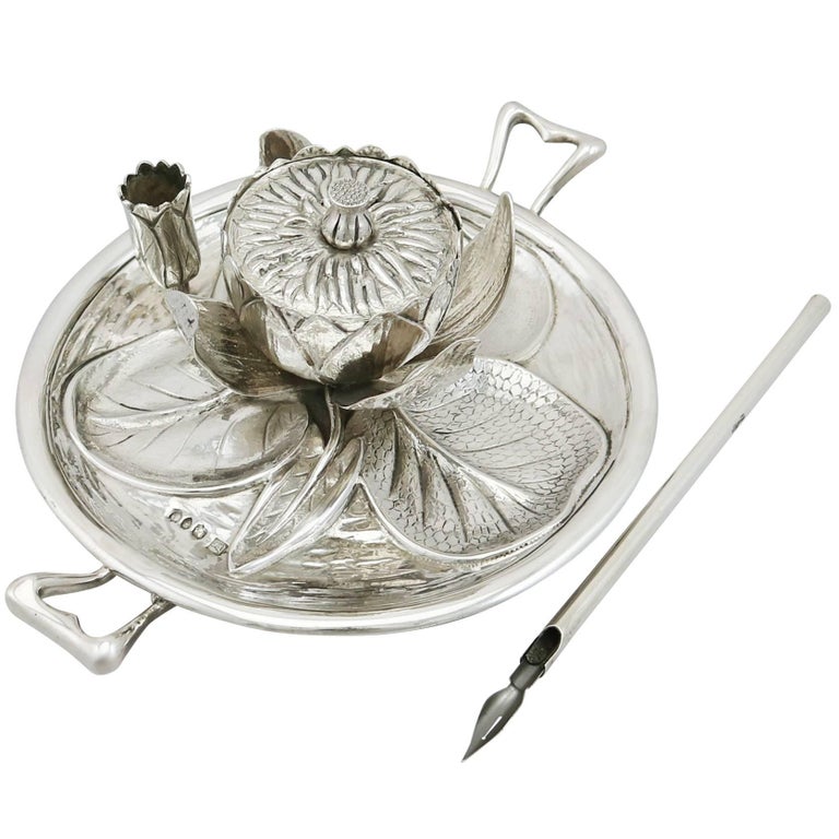 Antique Victorian 1890s Sterling Silver 'Water Lily' Inkwell For Sale ...