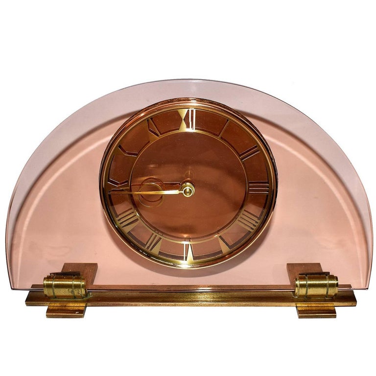 Large 1930s Art Deco Peach Glass Mantle Clock at 1stDibs