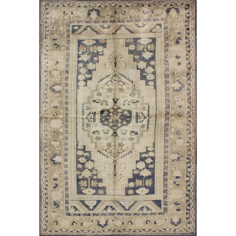 Vintage Royal Blue and Cream Turkish Oushak Rug with Floral Medallion ...