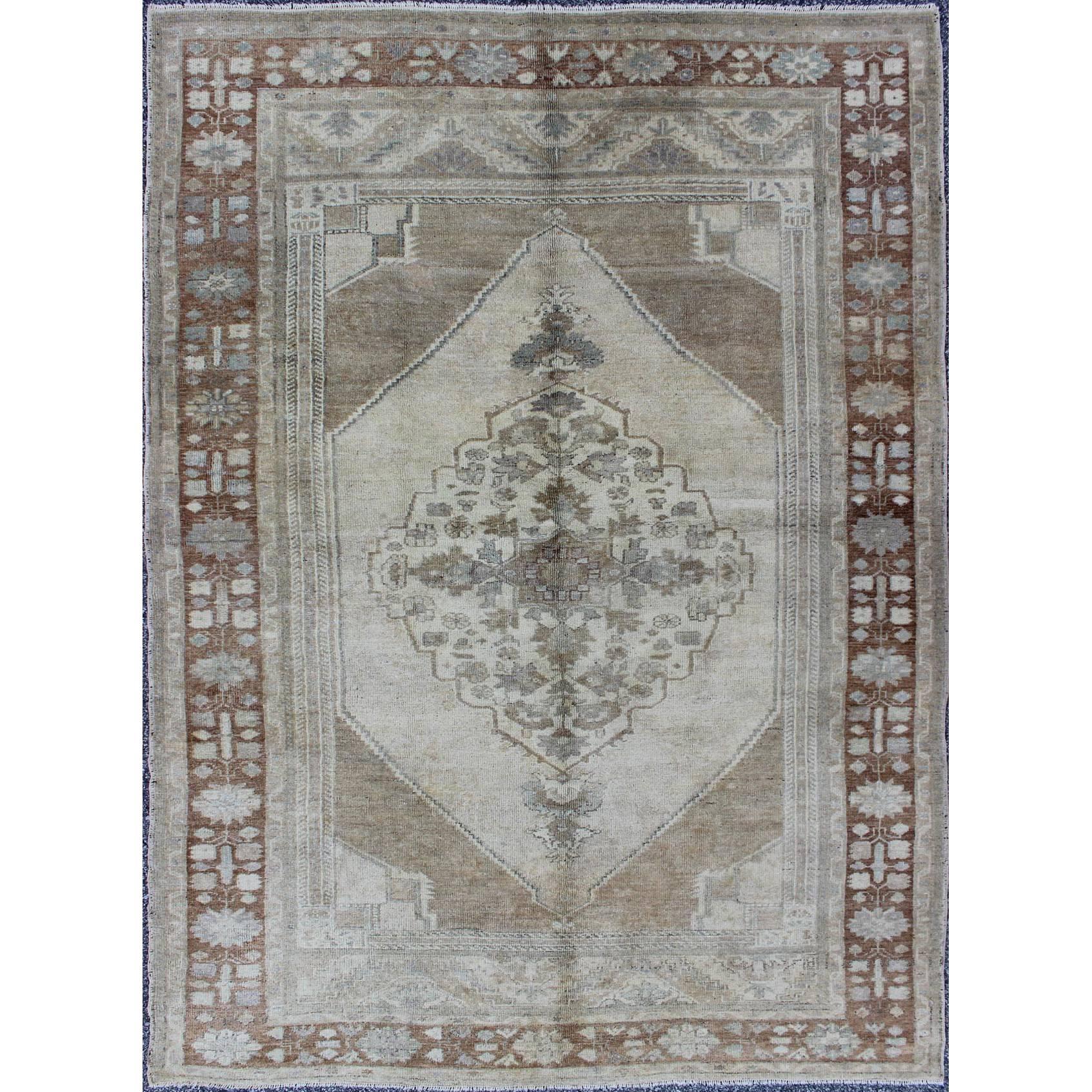 Vintage Turkish Oushak Rug with Floral Medallion in Gray, Ivory and ...