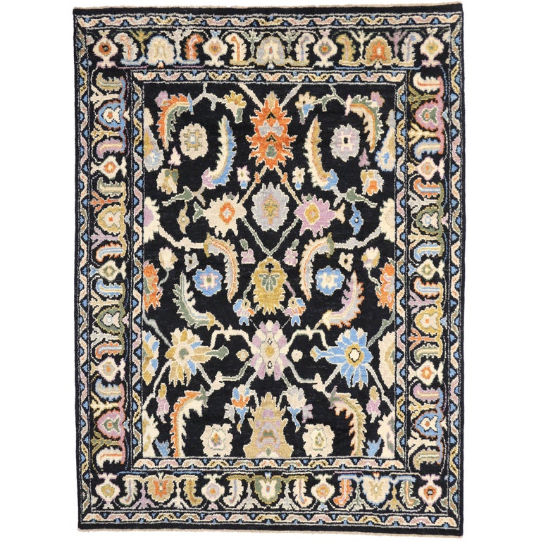 New Contemporary Black Oushak Style Rug with Luxe Hollywood Regency ...