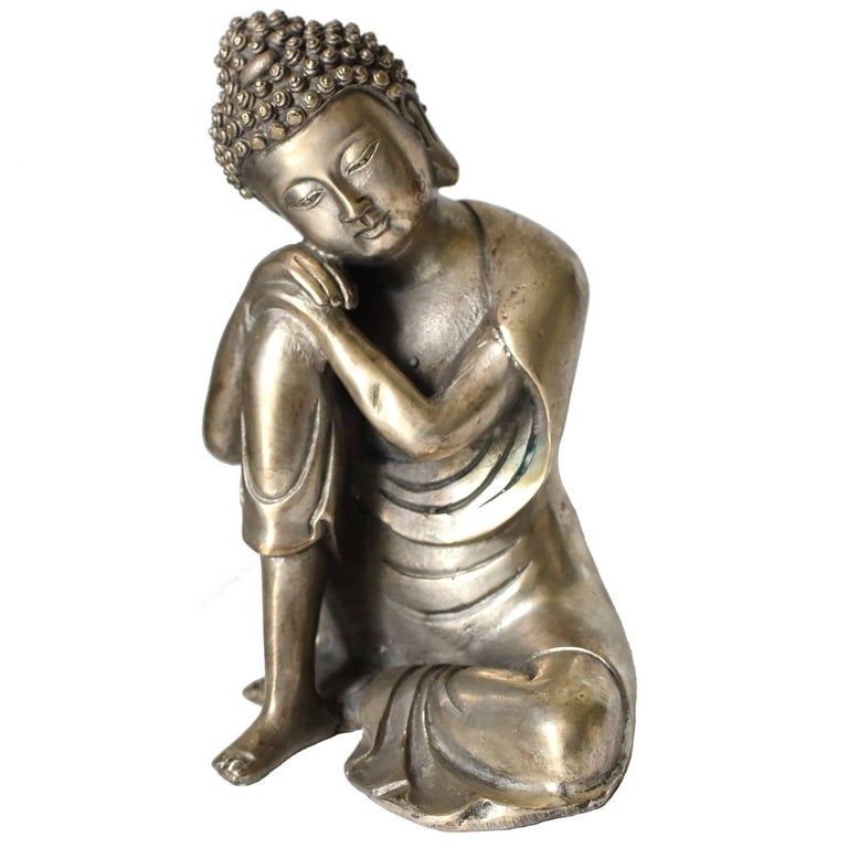 Silvered Brass Buddha Statue, a Thinking Buddha at 1stDibs