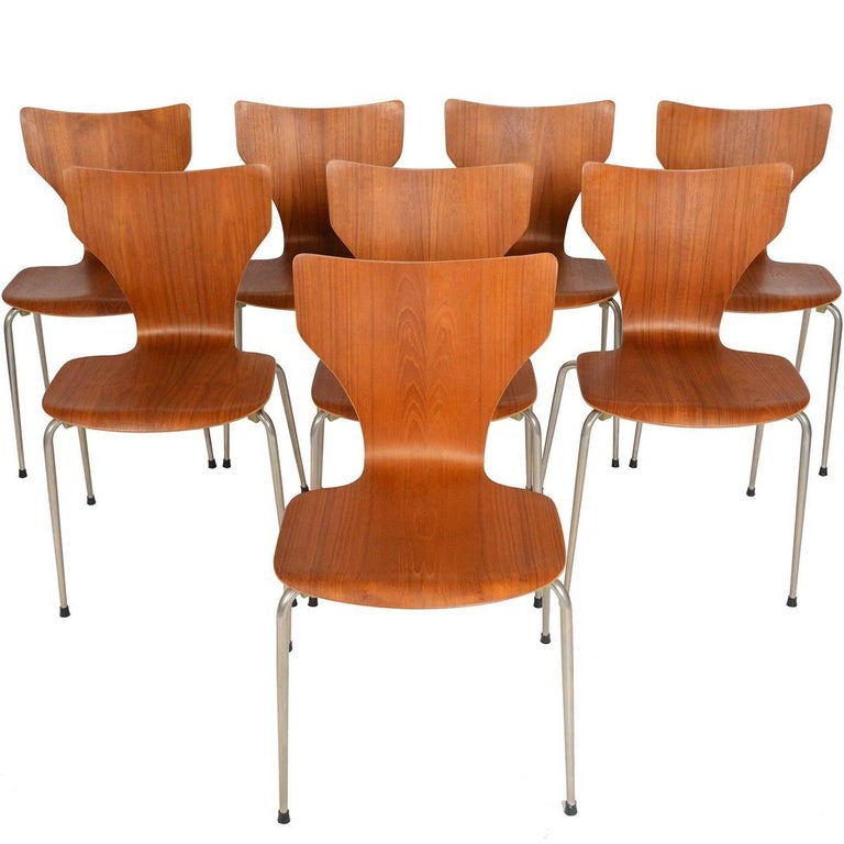 Set of Eight Danish Modern Teak Stacking Dining Chairs For Sale at 1stDibs