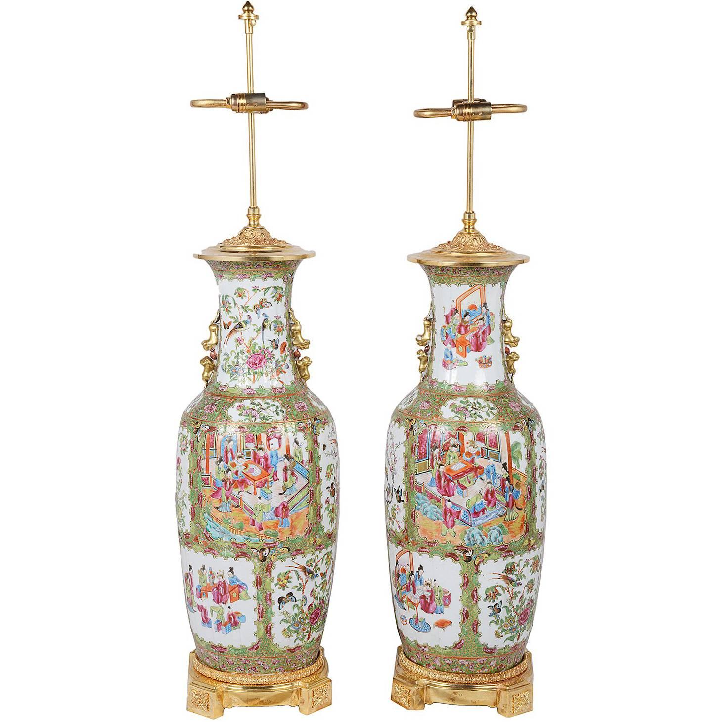 Antique Rose Medalion Vases a Lamps, a Pair For Sale at 1stDibs