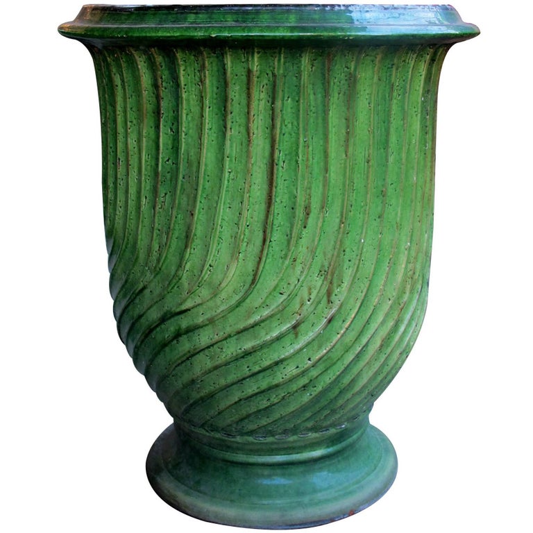 Large Scaled French Green-Glazed Striated Garden Pot or Urn at 1stDibs