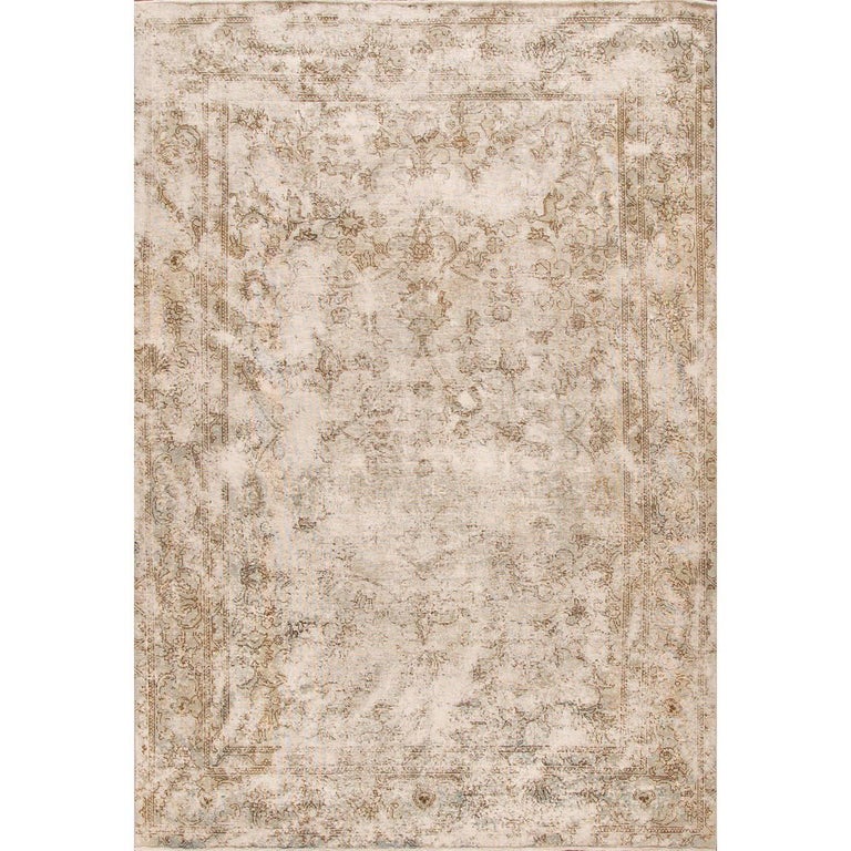 Vintage Distressed Ivory Persian Kerman Carpet For Sale at 1stDibs