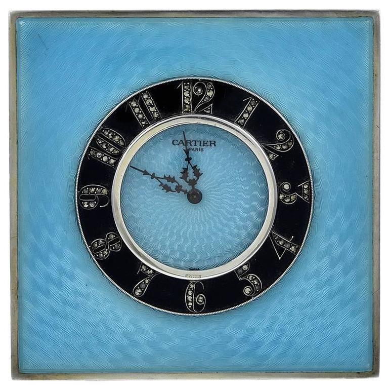 Cartier Paris Sterling silver Two Color Enamel Clock at 1stDibs