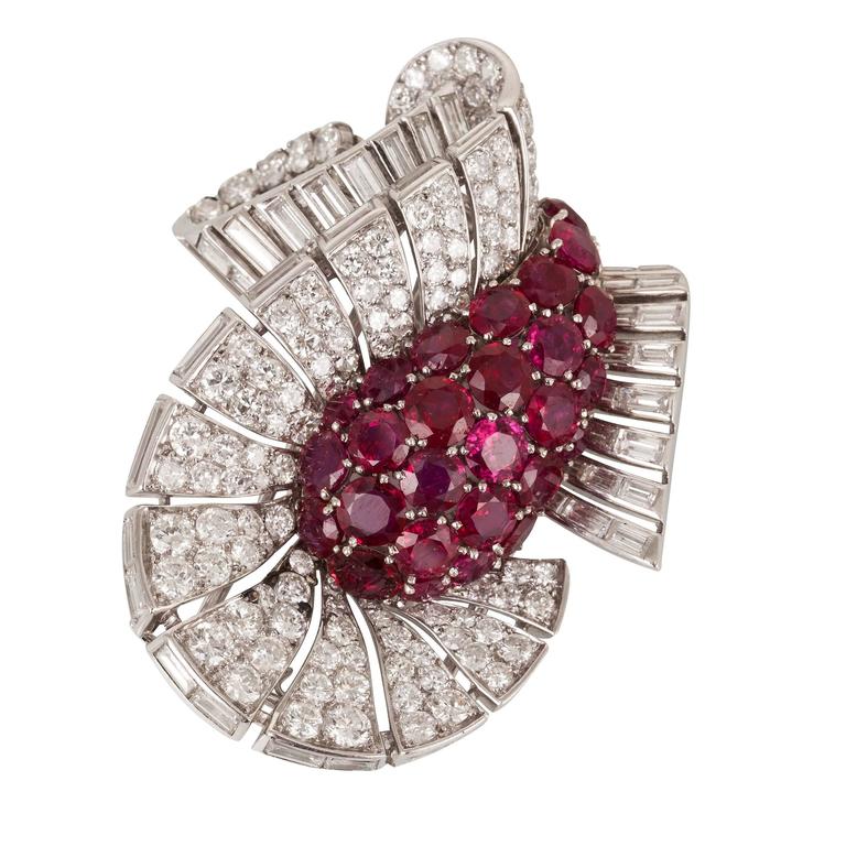Edwardian May Basket Diamond Ruby Brooch For Sale at 1stdibs