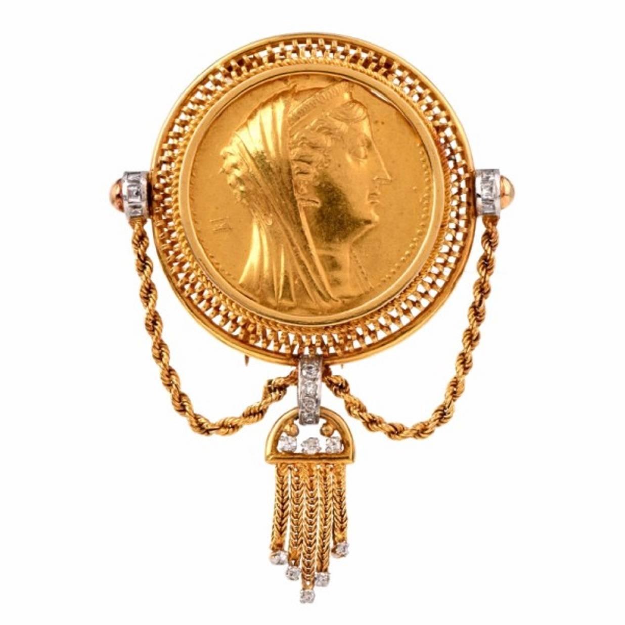 Antique Diamond Roman Coin Gold Pin at 1stDibs