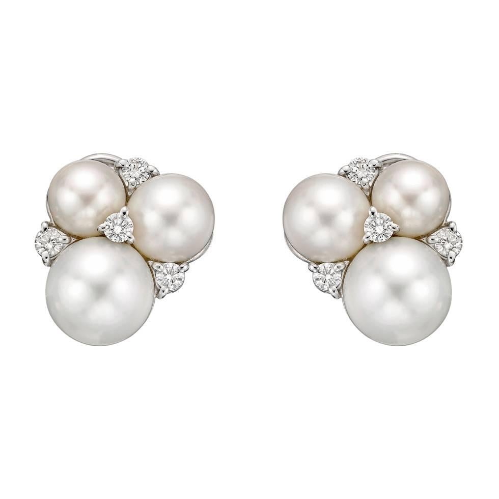 Seaman Schepps Diamond and Triple Pearl Earclips at 1stDibs