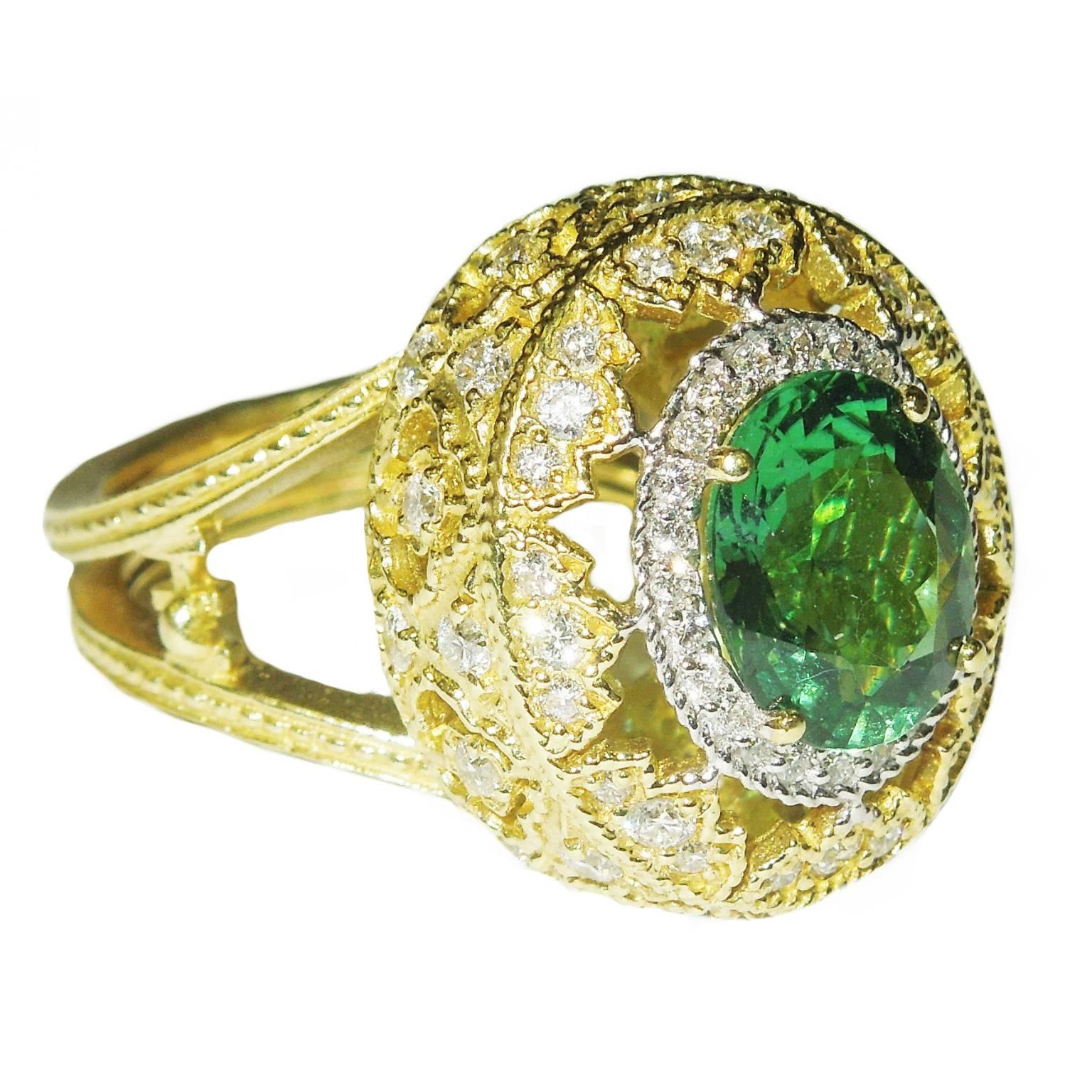 Stambolian Tourmaline Diamond Gold Open-Work Ring at 1stDibs