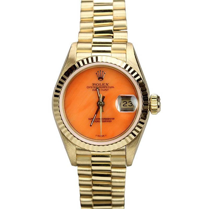 Rolex Lady's Yellow Gold Coral Dial President Wristwatch Ref 69138 at ...
