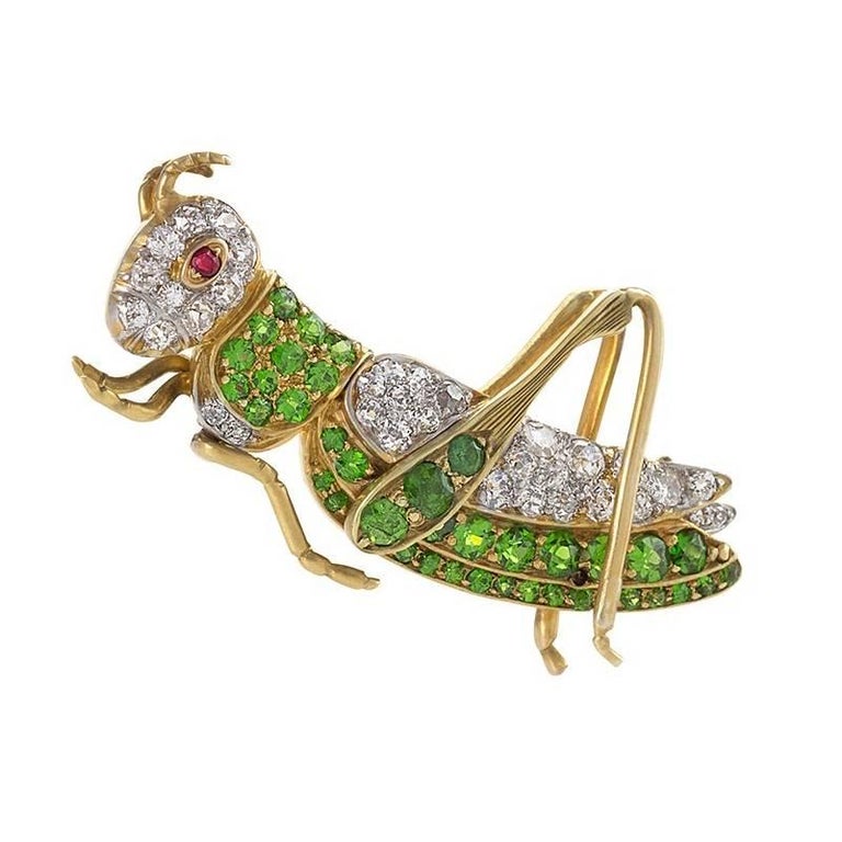 Antique Demantoid Garnet, Diamond, Gold and Platinum Cricket Brooch For ...